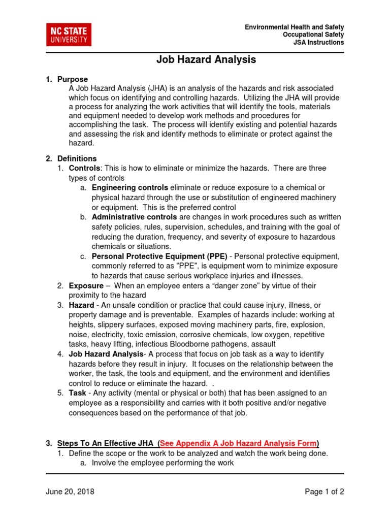 NC State JHA Instructions Printable Version | PDF | Personal Protective ...