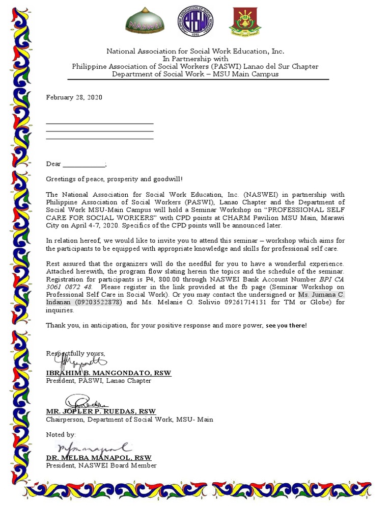 PASWI MSU Letter of Invite For Professional Self Care | PDF ...