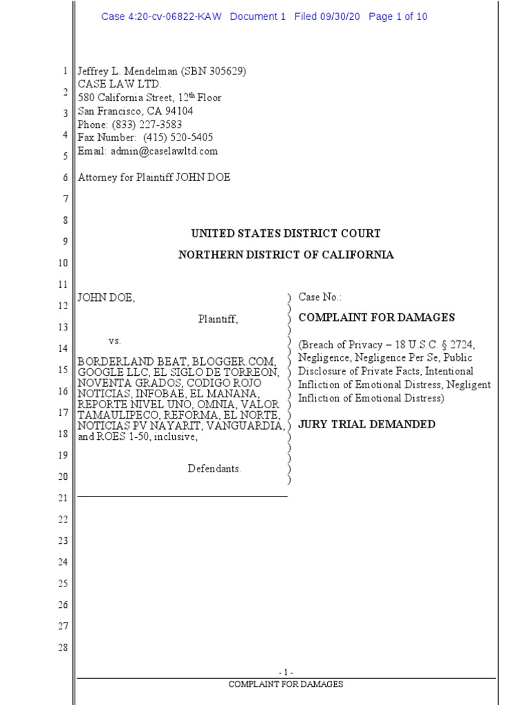 1 Main | PDF | Intentional Infliction Of Emotional Distress | Complaint