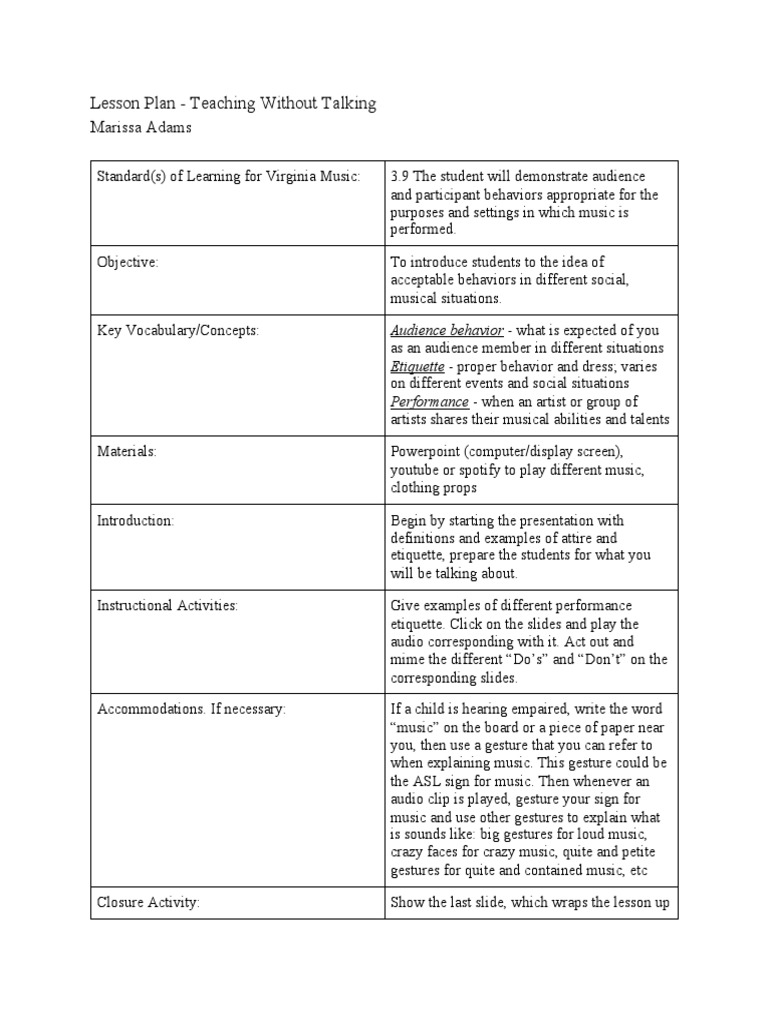 Teaching Without Talking - Lesson Plan | PDF | Gesture | Lesson Plan
