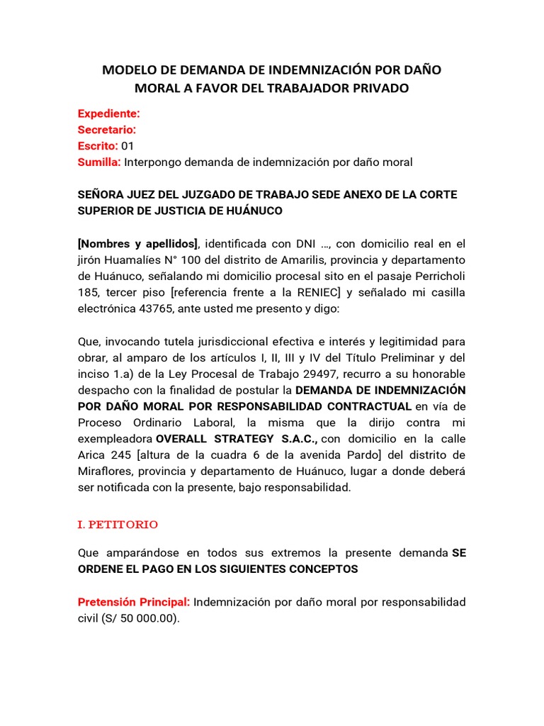 Modelo De Demanda De Indemnización Por Daño Moral A Favor Del