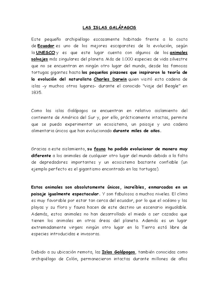 LAS ISLAS GALÁPAGOS Texto | PDF | Islas Galápagos | Evolución