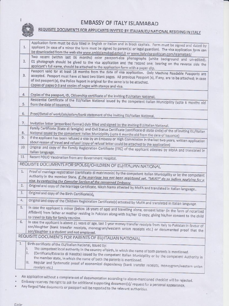 Italian Family Visa Checklist | PDF