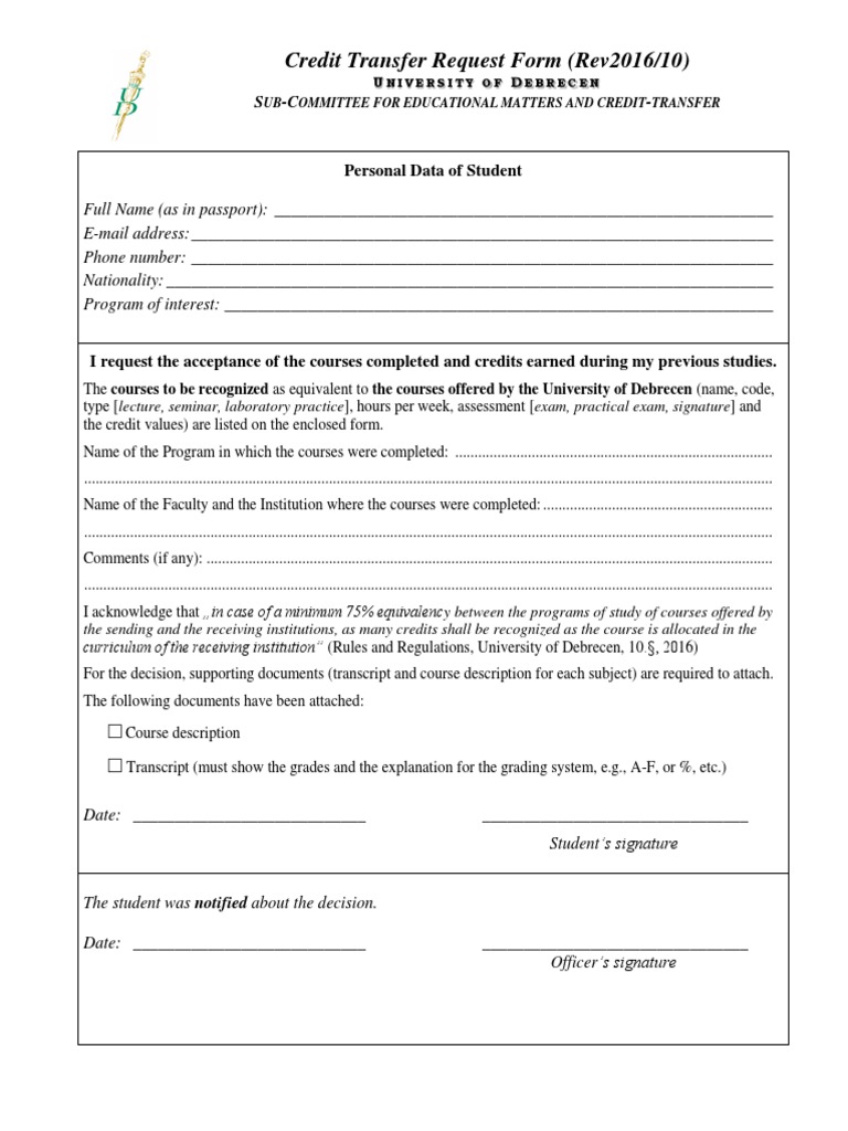 Credit Transfer Request Form PDF | Download Free PDF | Signature ...