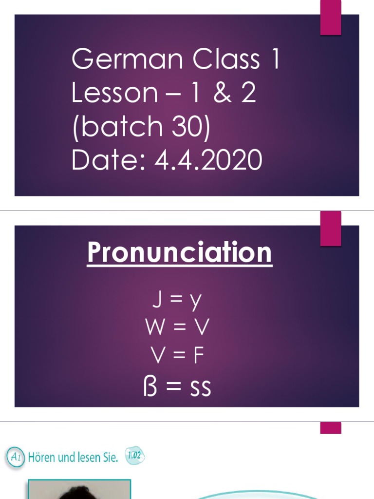 German Class 1 Lesson - 1 & 2 (Batch 30) Date: 4.4.2020 | PDF