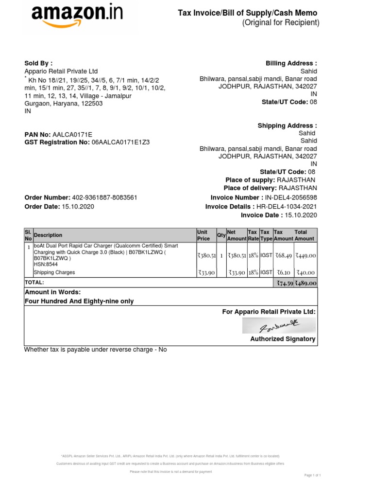 (Original For Recipient) : Sl. No Description Unit Price Qty Net Amount ...