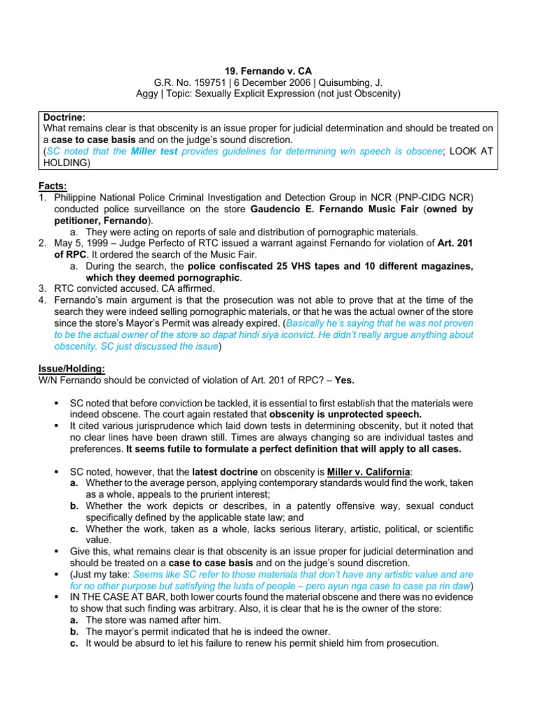DIGEST - Fernando v. CA PDF | PDF | Obscenity | Crime & Violence
