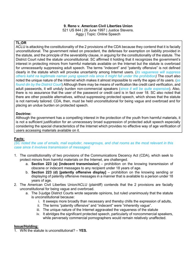 DIGEST - Reno V ACLU PDF | PDF | First Amendment To The United States ...