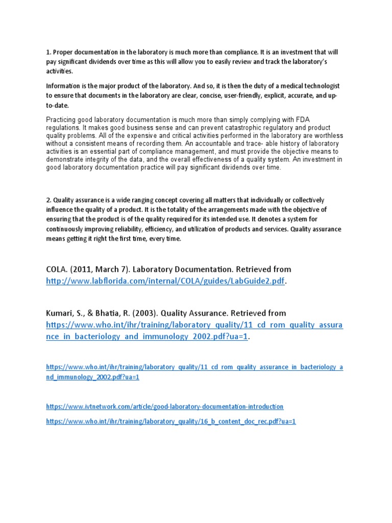 COLA. (2011, March 7) - Laboratory Documentation. Retrieved From | PDF