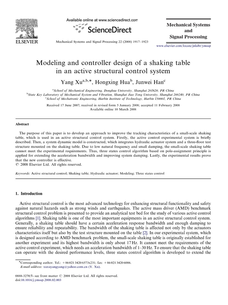 Modeling and Controller Design of A Shaking Table in An Active Structural Control System | PDF ...