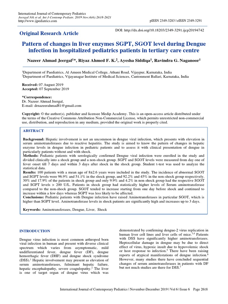 Pattern of Changes in Liver Enzymes SGPT, SGOT Level During Dengue ...
