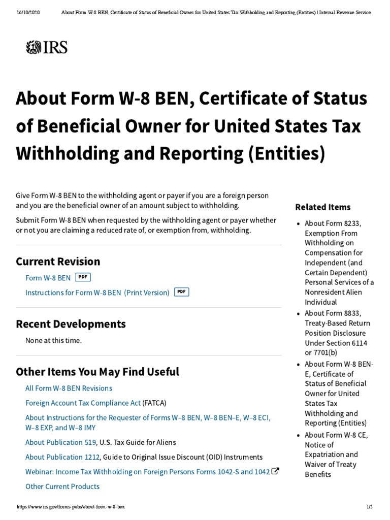 About Form W-8 BEN, Certificate of Status of Beneficial Owner For ...