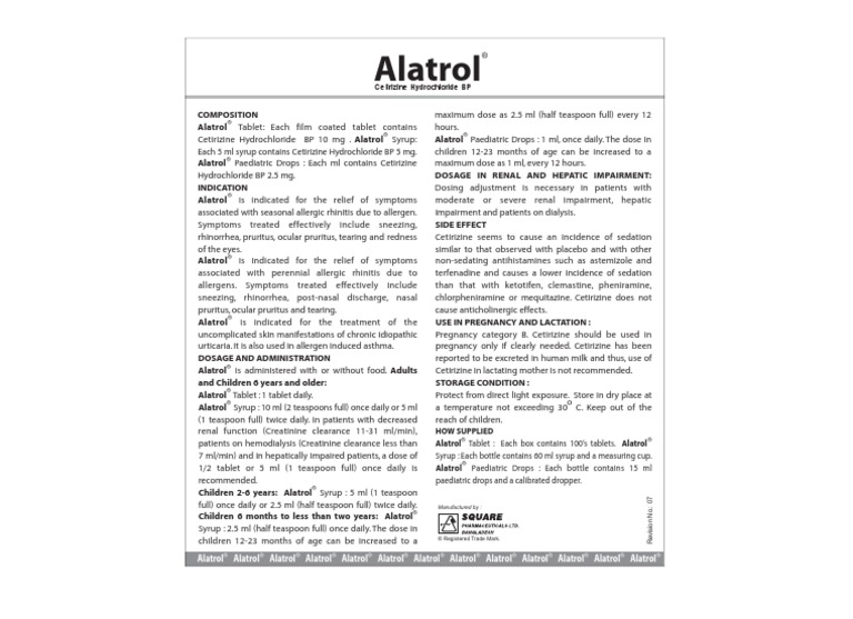 Alatrol: Cetirizine Hydrochloride BP | PDF | Renal Function | Allergen