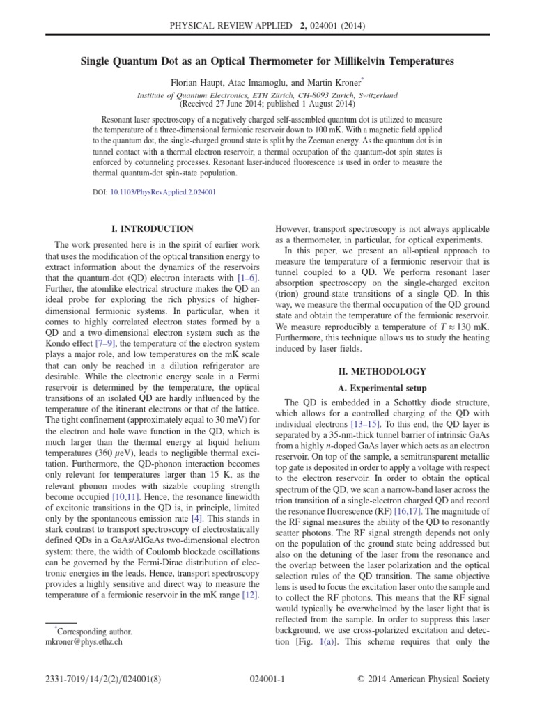 Single Quantum Dot As An Optical Thermometer For Millikelvin ...