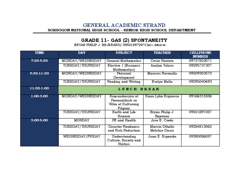 Grade 11 GAS Strand Class Schedule | PDF