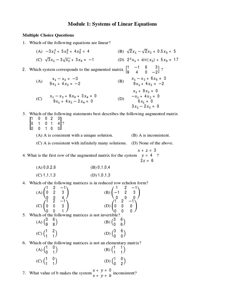 Module 1: Systems of Linear Equations: Multiple Choice Questions | PDF ...