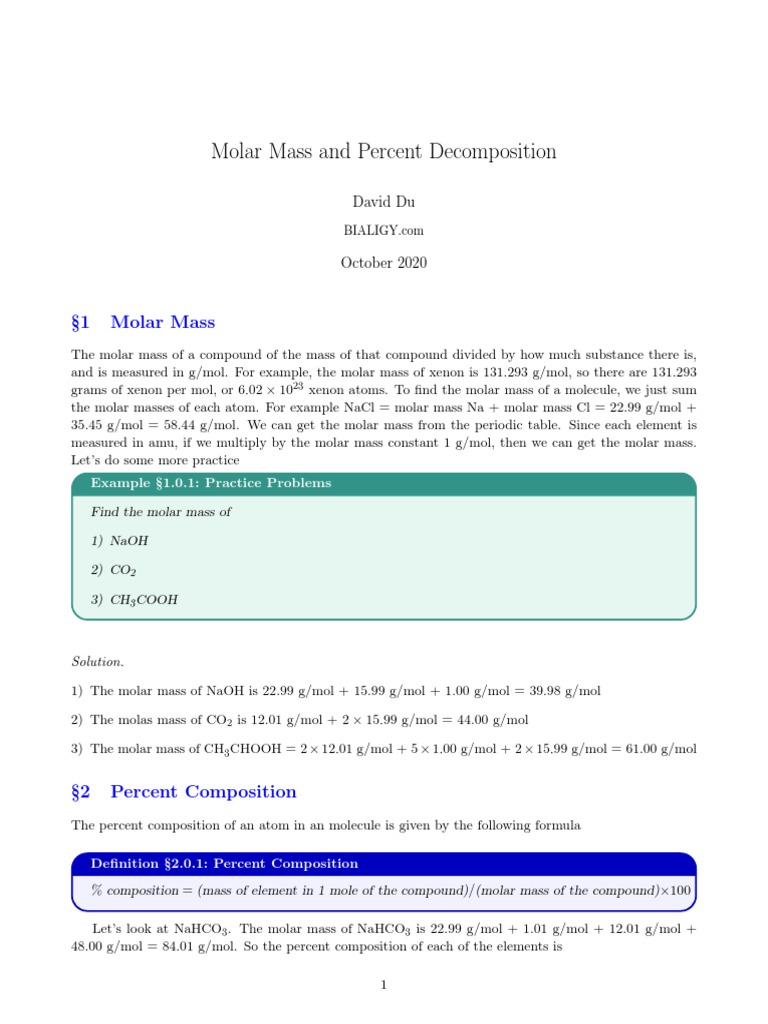 Molar Mass and Percent Composition Guide | PDF | Mole (Unit) | Quantity