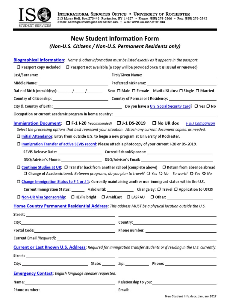 New Student Information Form: (Non-U.S. Citizens / Non-U.S. Permanent ...