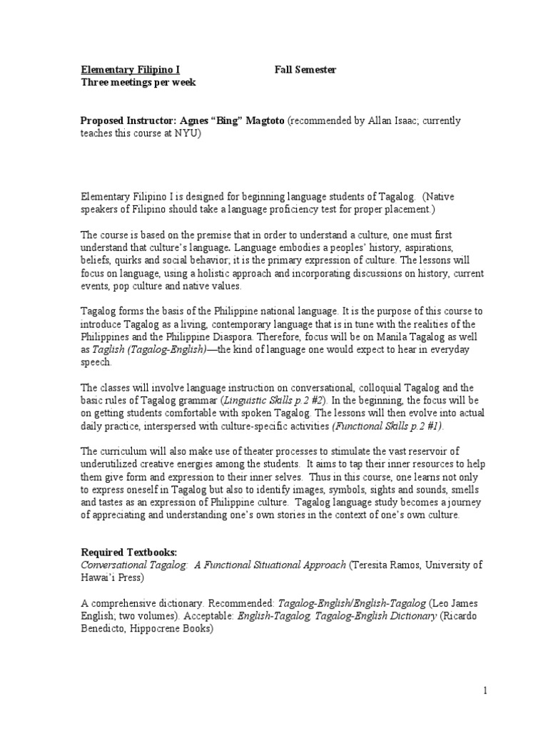 Elementary Filipino I Fall Semester Three Meetings Per Week | PDF ...