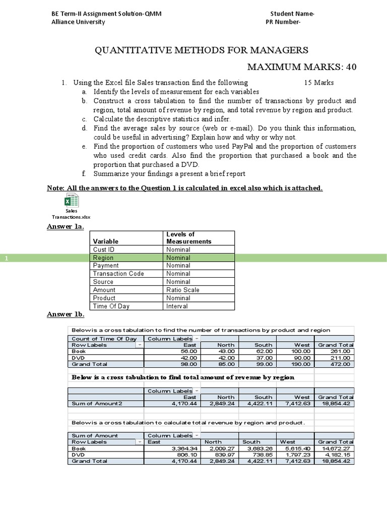 Quantitative Methods For Managers Maximum Marks: 40: Variable Levels of ...