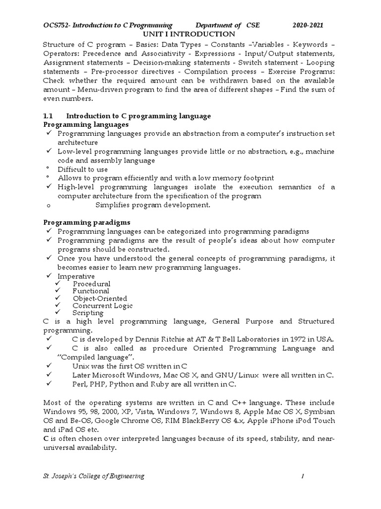 Unit I Introduction Ocs752 Introduction To C Programming Department Of