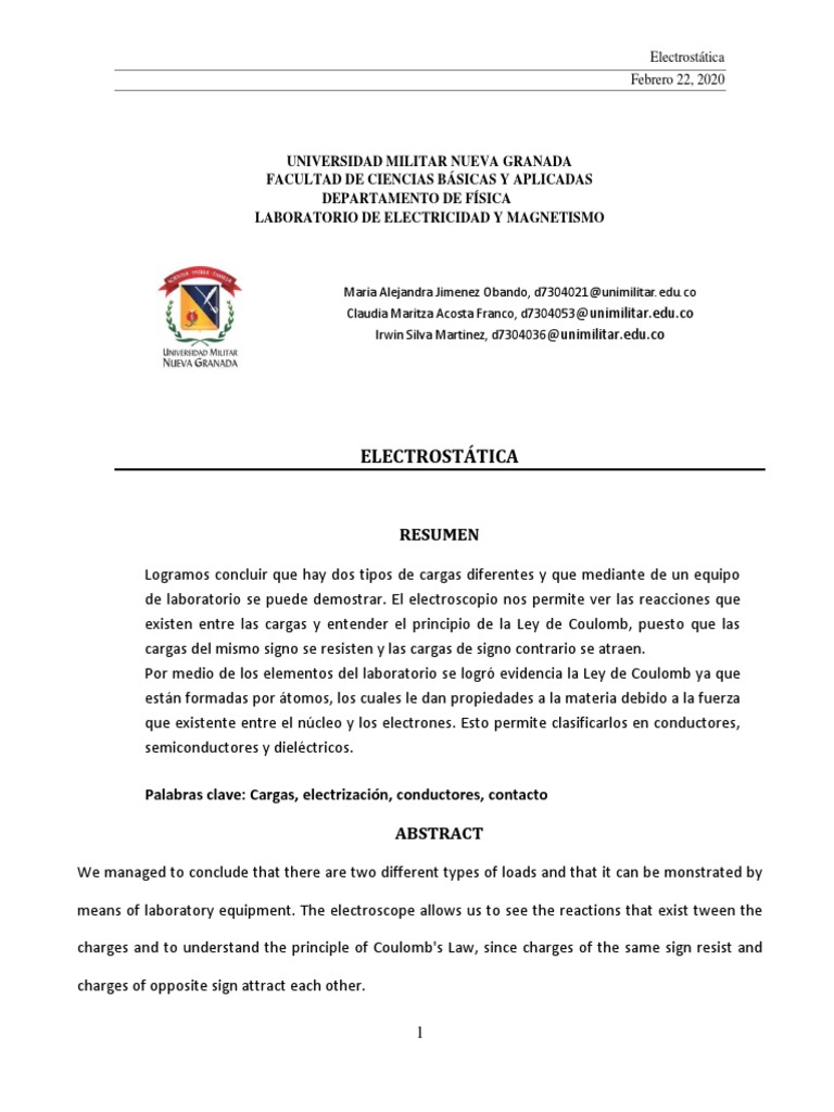 Practica No.1 Electrostatica | PDF | Carga eléctrica | Electrostática
