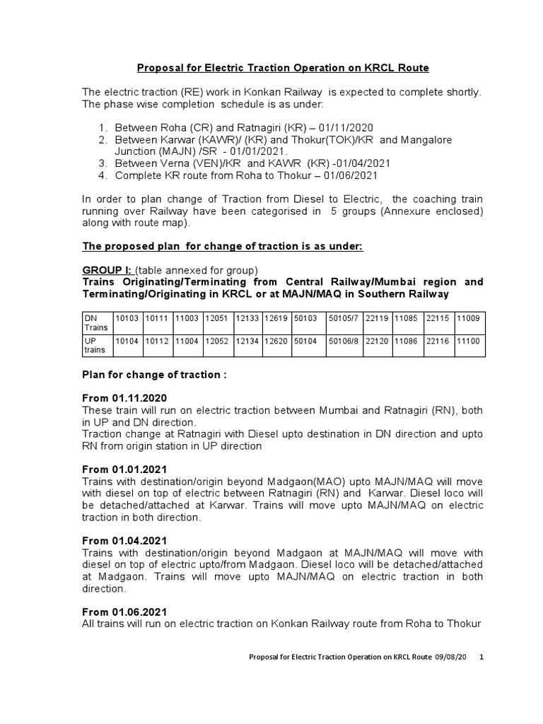 Proposal For Electric Traction Operation On KRCL Route 100920 | PDF ...
