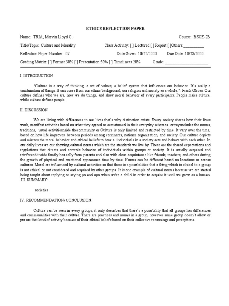 Ethics Reflection Paper | PDF | Morality | Society