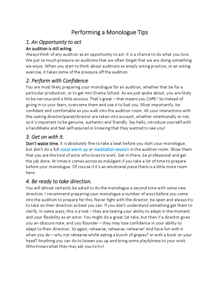Monologue Performance Tips for Auditions | PDF | Audition