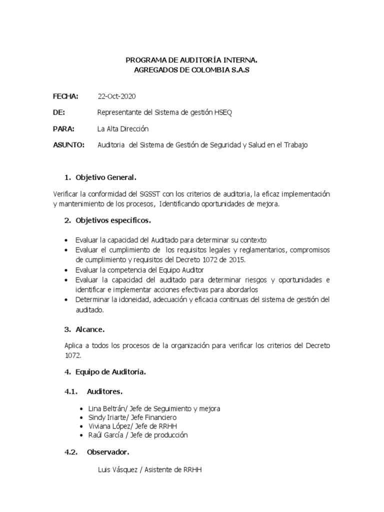 PROGRAMA DE AUDITORÍA INTERNA - Grupo 4 | PDF | Auditoría | Contralor