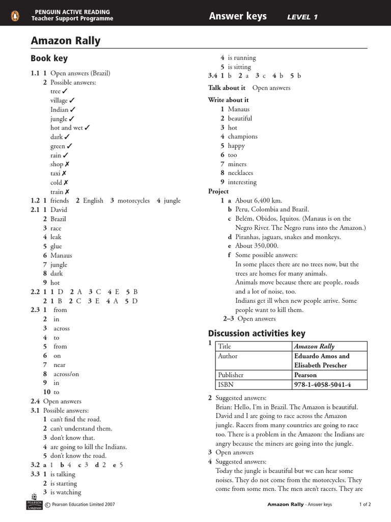 (LEVEL 1) AMAZON RALLY - EDUARDO AMOS & ELISABETH PRESCHER - Answer Key PDF | PDF | Amazon River ...