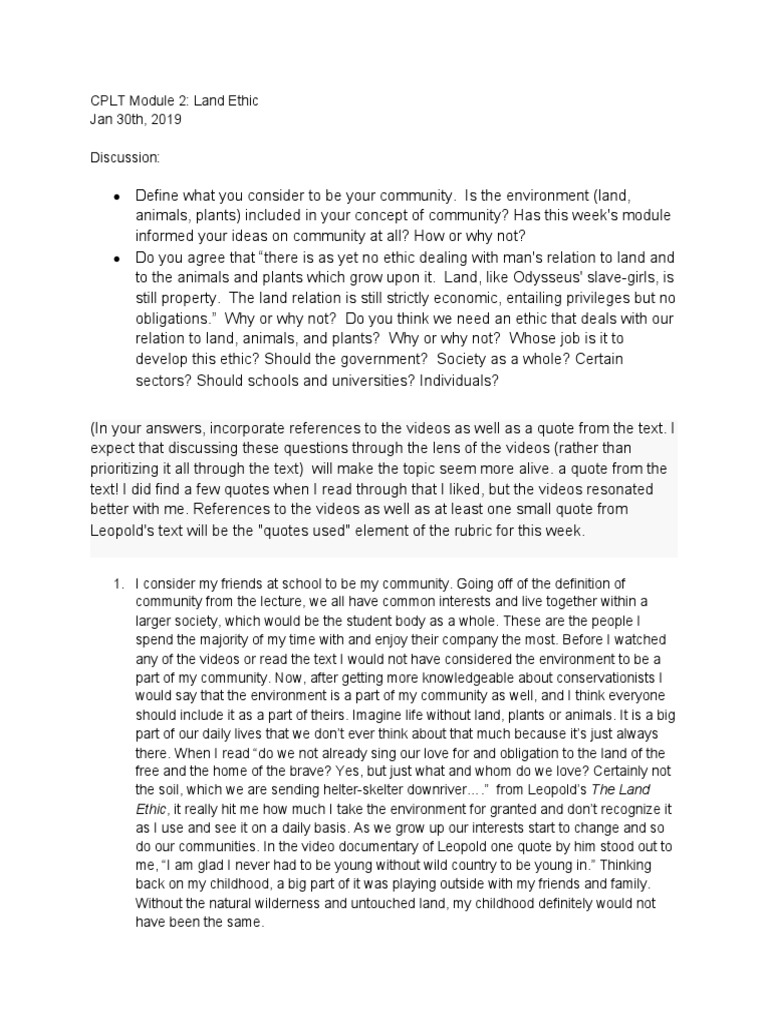 CPLT Module 2 Land Ethic | PDF | Social Science | Wellness