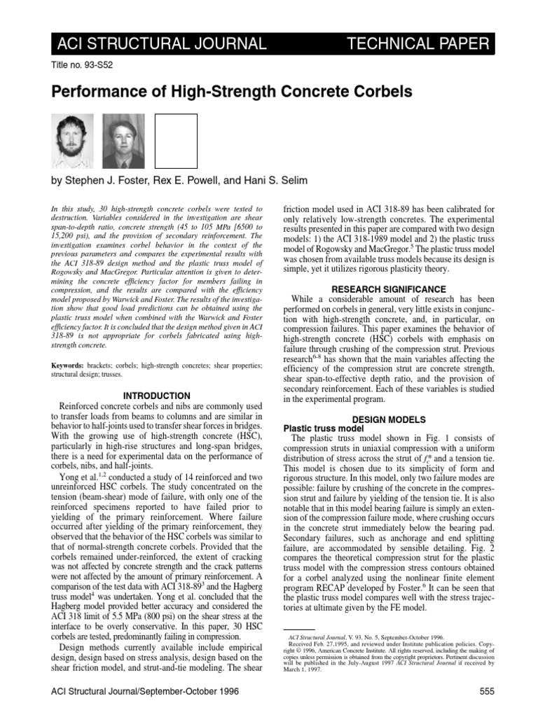 Performance of High-Strength Concrete Corbels: Aci Structural Journal ...