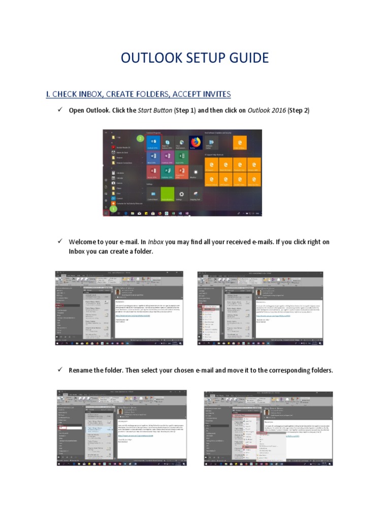 Outlook Setup Guide: I. Check Inbox, Create Folders, Accept Invites | PDF