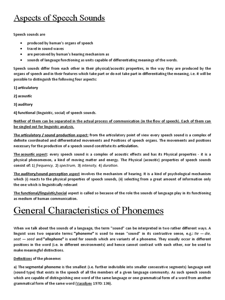 General Characteristics of Phonemes: Aspects of Speech Sounds | PDF ...