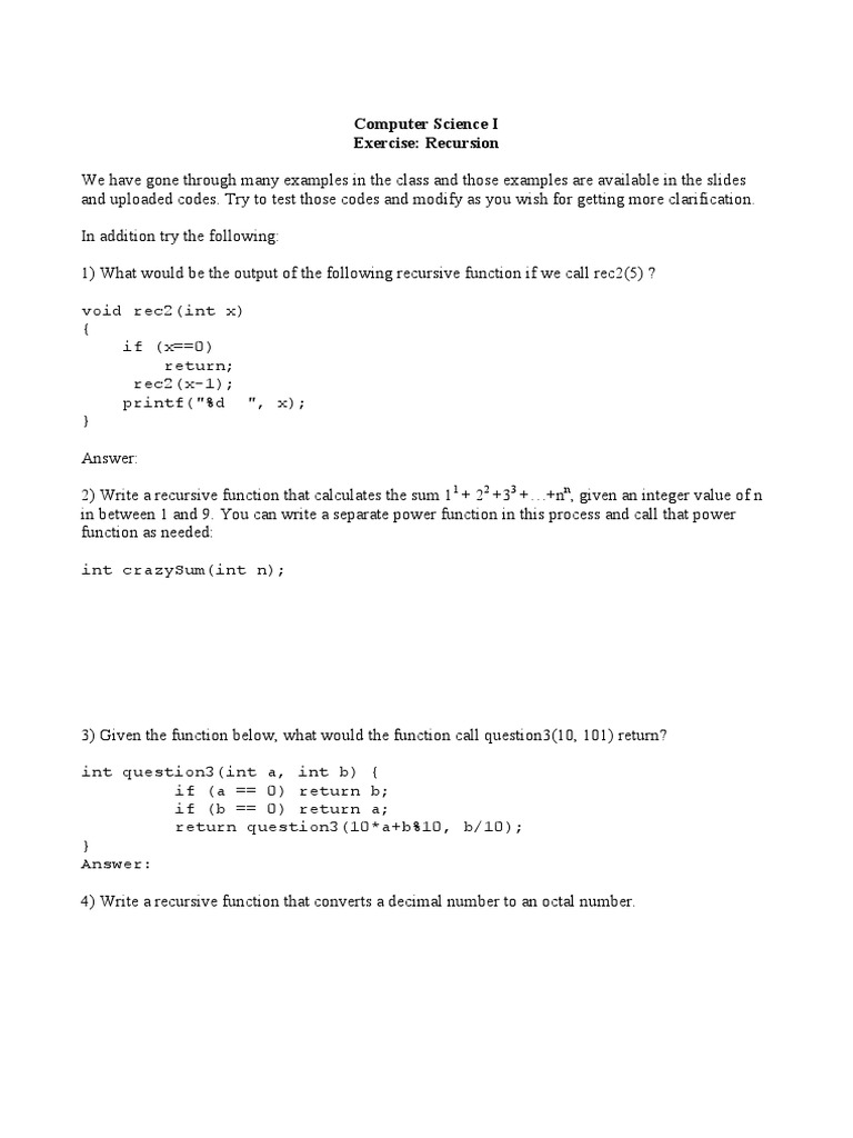 Recursion Exercise PDF | PDF | Integer (Computer Science) | Subroutine
