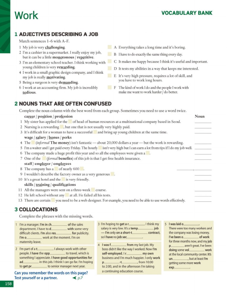 Vocabulary Bank 1 Adjectives Describing A Job: (Informal | PDF | Factor ...