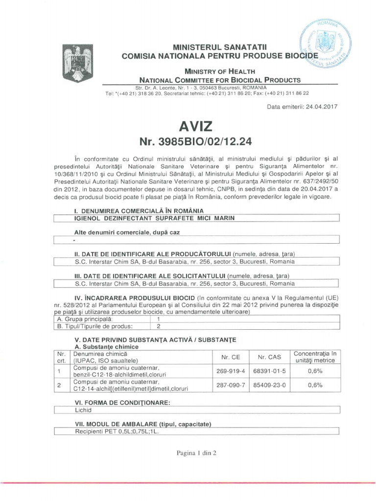 Aviz BIO-Igienol Dezinfectant Suprefete Mici Marin, 750ml (BTC 2125 M80 ...