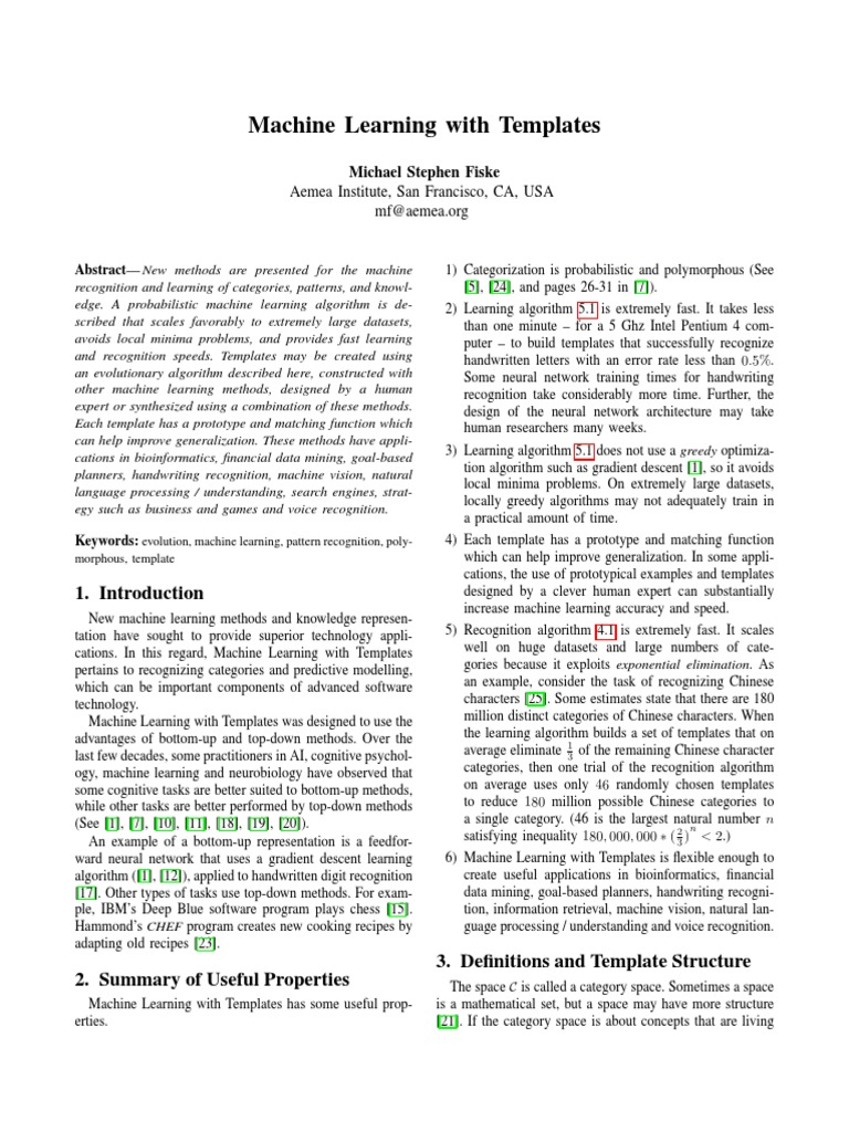 Machine Learning With Templates: Michael Stephen Fiske Aemea Institute ...