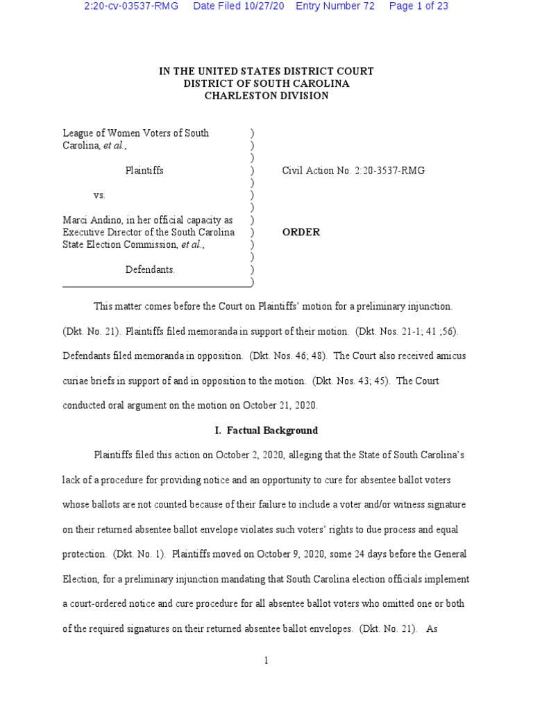 In The United States District Court District of South Carolina ...