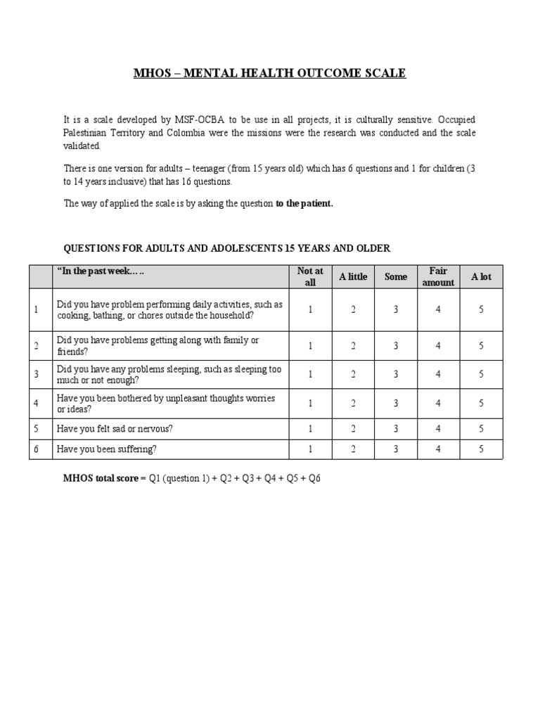 Mhos - Mental Health Outcome Scale | PDF