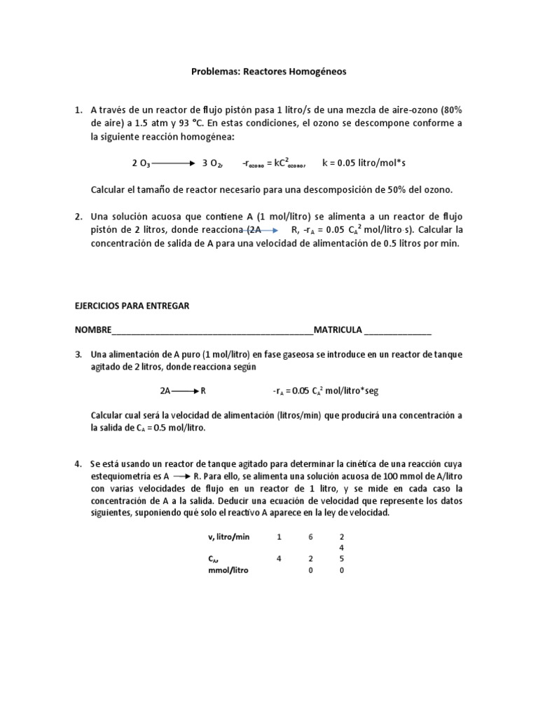 Ejercicio Reactores Homogeneos | PDF