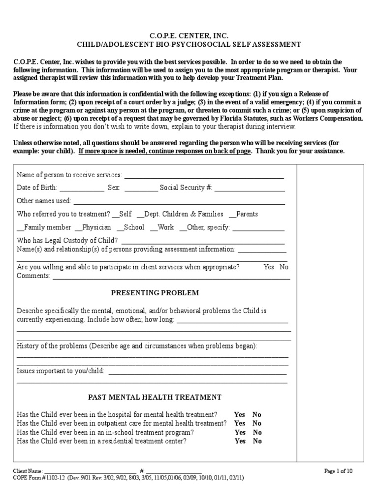 Adolescent Biopsychosocial Assessment | PDF | Caregiver | Substance Abuse