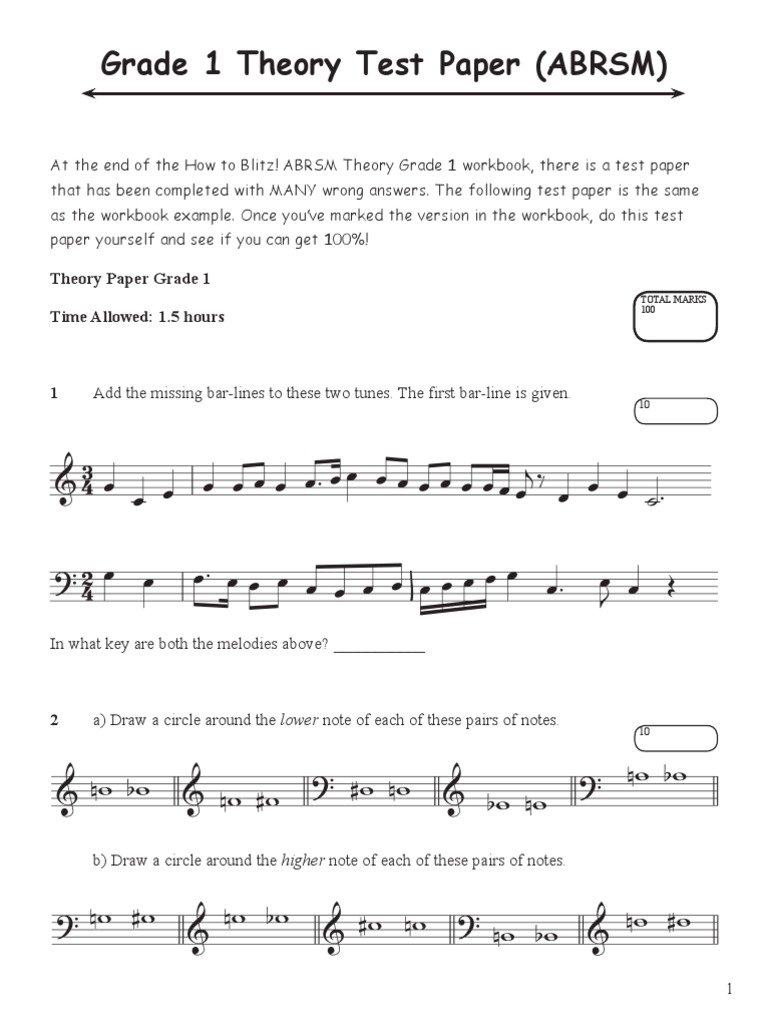 Grade 1 Theory Test Paper (ABRSM) | PDF | Musicology | Classical Music
