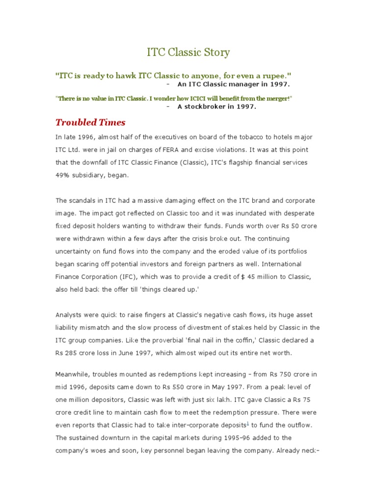ITC Classic Story: Troubled Times | PDF | Market Liquidity | Mergers ...