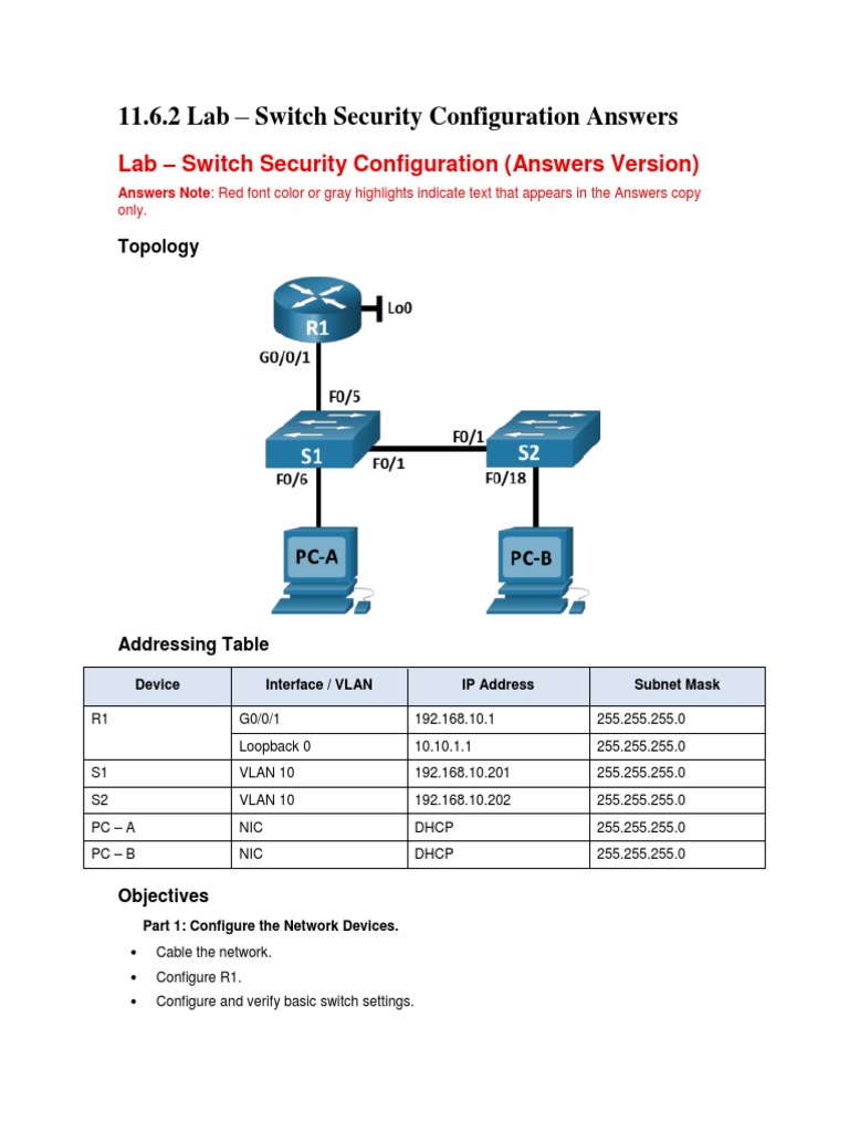 Lab - Switch Security Configuration (Answers Version) | PDF | Network Switch | Network Topology