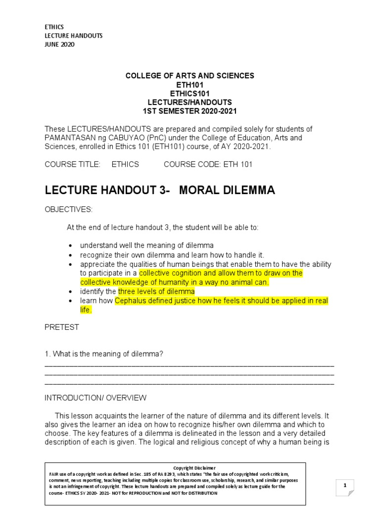 Lecture Handout 3-Moral Dilemma: College of Arts and Sciences ETH101 ...