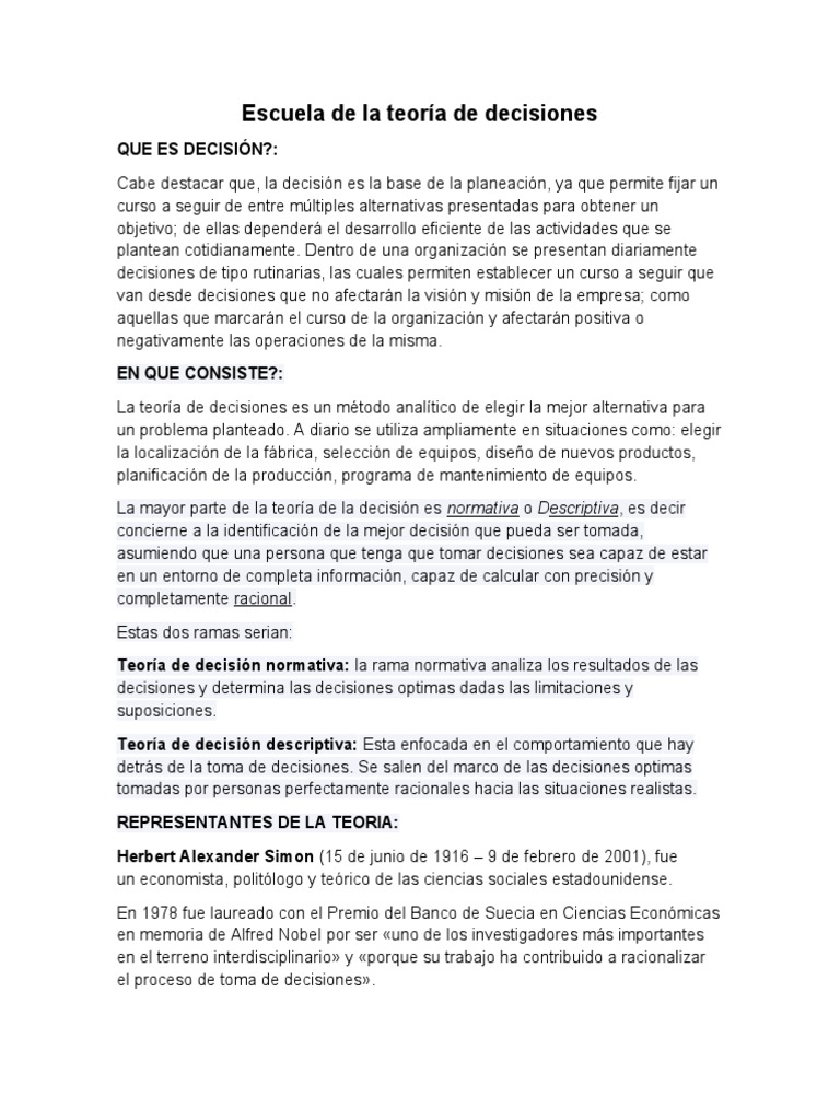 Escuela de La Teoría de Desiciones | PDF | Teoría de decisiones ...