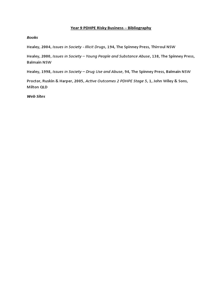 Year 9 PDHPE Risky Business Bibliography | PDF | Wellness | Lifestyle