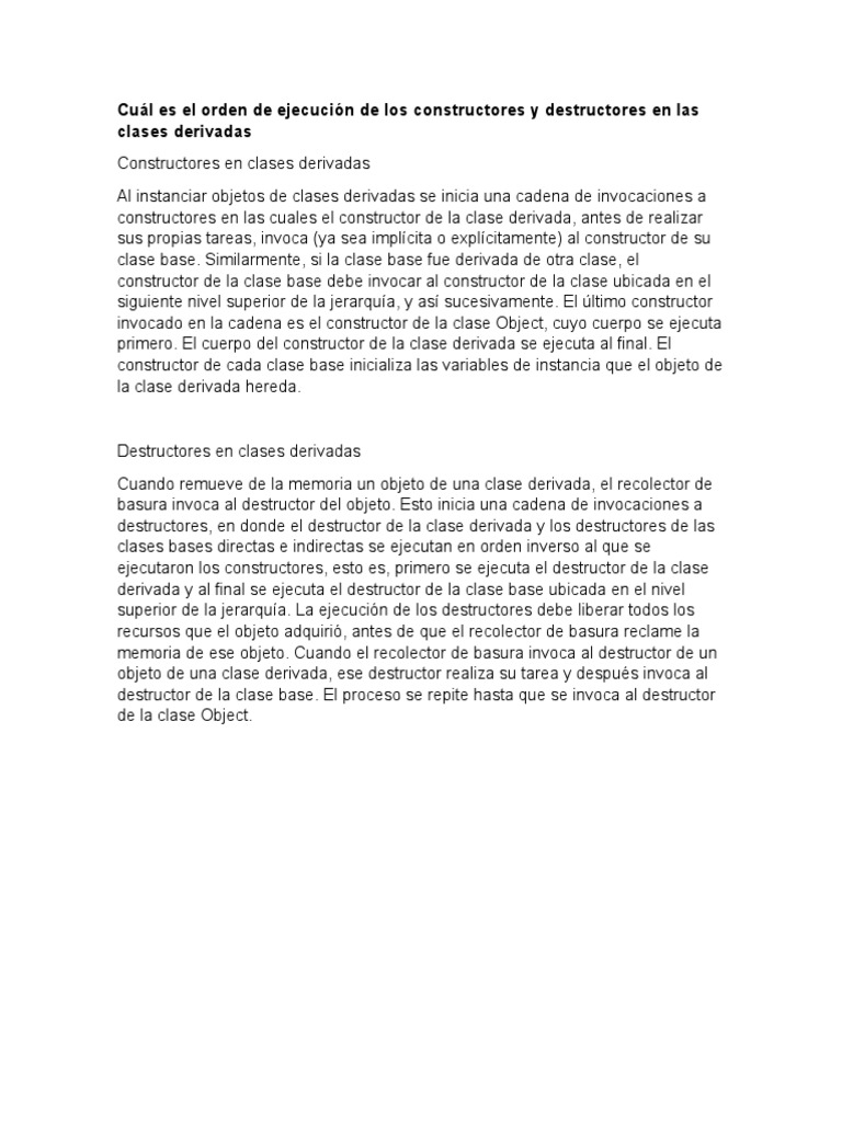 Cuál Es El Orden de Ejecución de Los Constructores y Destructores en Las Clases Derivadas | PDF ...